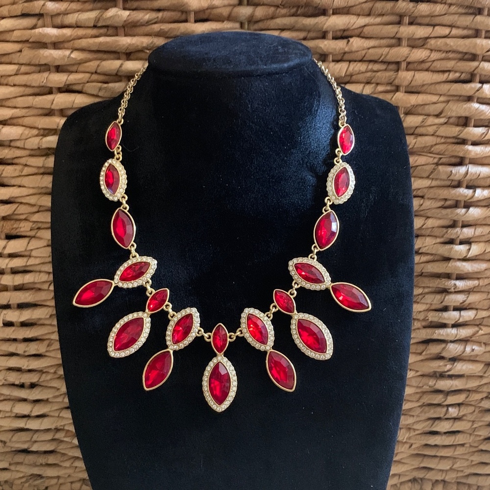 Monet Gorgeous Red & Clear Crystals Gold Tone Necklac… - Gem